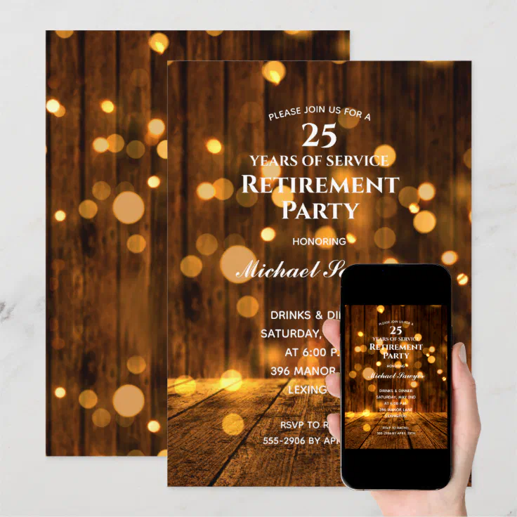 Rustic Wood and Lights Retirement Party Invitation | Zazzle