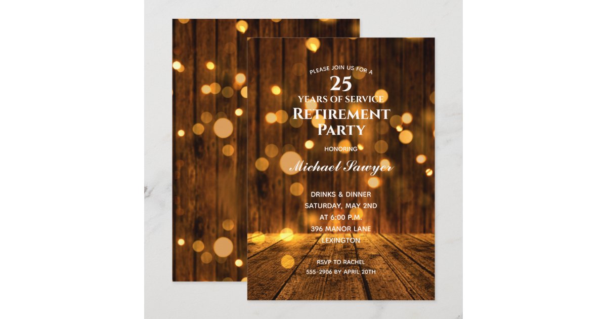 Rustic Wood and Lights Retirement Party Invitation | Zazzle