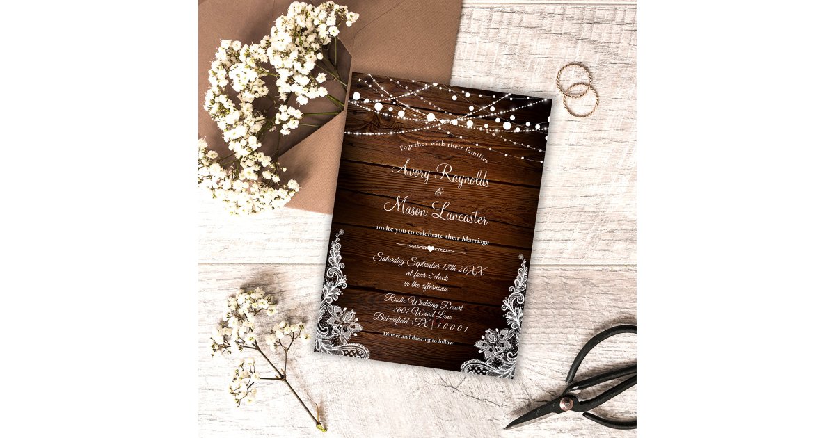 Rustic Wood and String Lights Lace Wedding Invitation | Zazzle