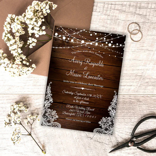 Rustic Wood and String Lights Lace Wedding Invitation | Zazzle