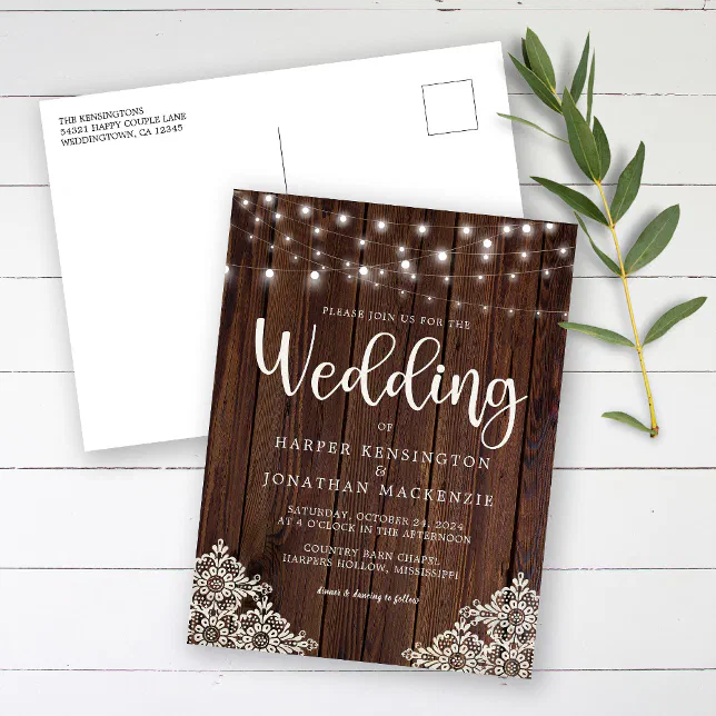 Rustic Wood and String Lights Lace Wedding Invitation Postcard | Zazzle