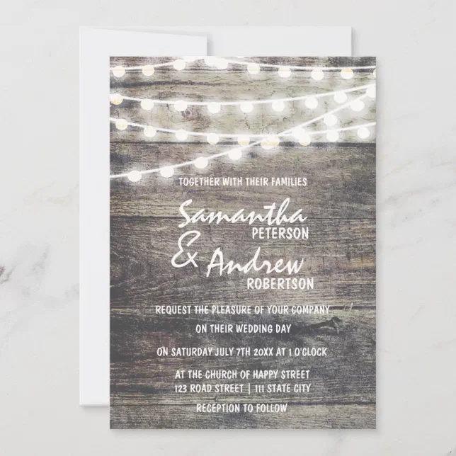 Rustic wood and string lights Wedding Invitation | Zazzle