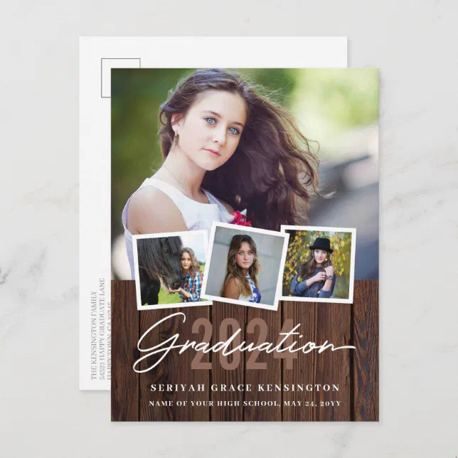 Rustic Wood Any Year Graduation 4 Photo Postcard | Zazzle