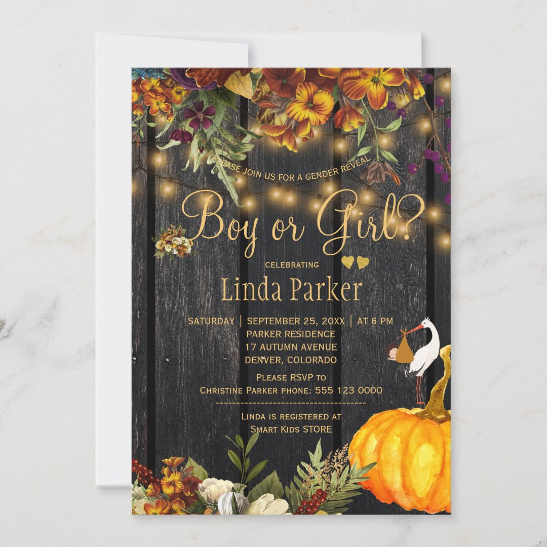 Rustic wood autumn fall baby shower gender reveal invitation | Zazzle