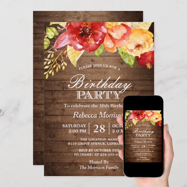 Rustic Wood Autumn Floral Fall Birthday Party Invitation | Zazzle