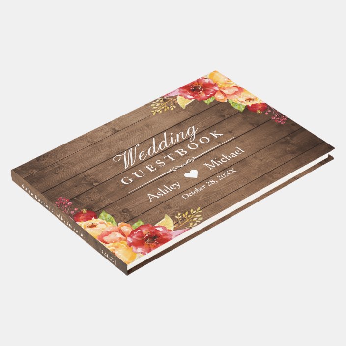 Rustic Wood Autumn Leaves Floral Wedding Guest Book | Zazzle.com