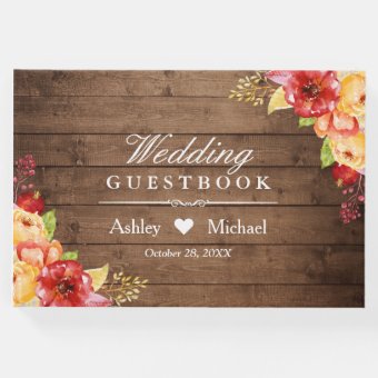 Rustic Wood Autumn Leaves Floral Wedding Guest Book | Zazzle