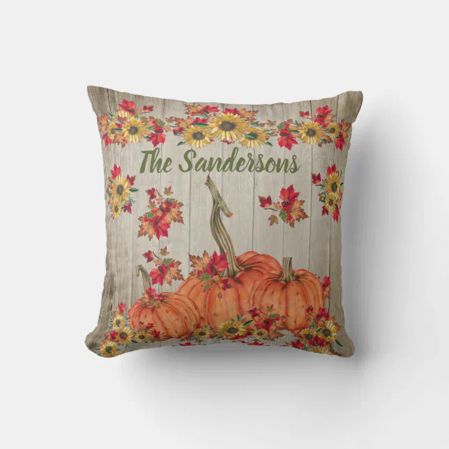 Rustic Wood Autumn Sunflower Pumpkins Fall Leaves Throw Pillow | Zazzle