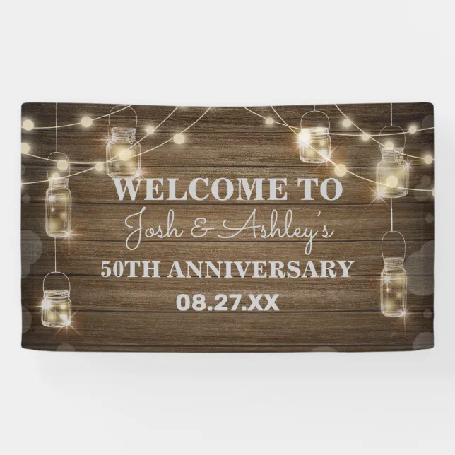 Rustic Wood Background Light Glass Jar Anniversary Banner | Zazzle