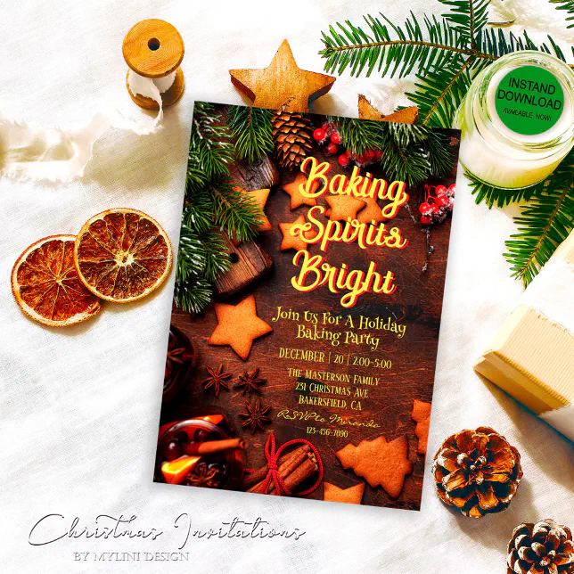 Rustic Wood Baking Spirits Bright Christmas Party Invitation | Zazzle