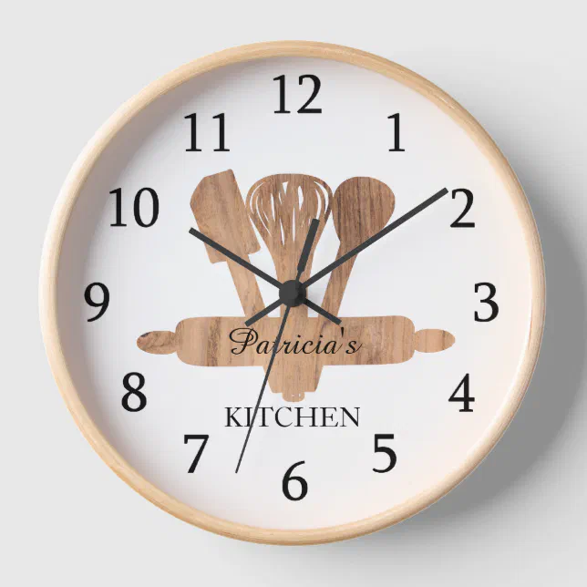 Rustic Wood Baking Utensils Custom Name Kitchen Clock | Zazzle