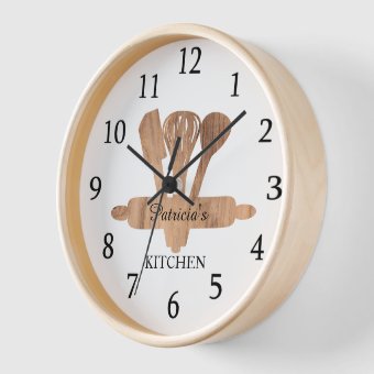 Rustic Wood Baking Utensils Custom Name Kitchen Clock | Zazzle
