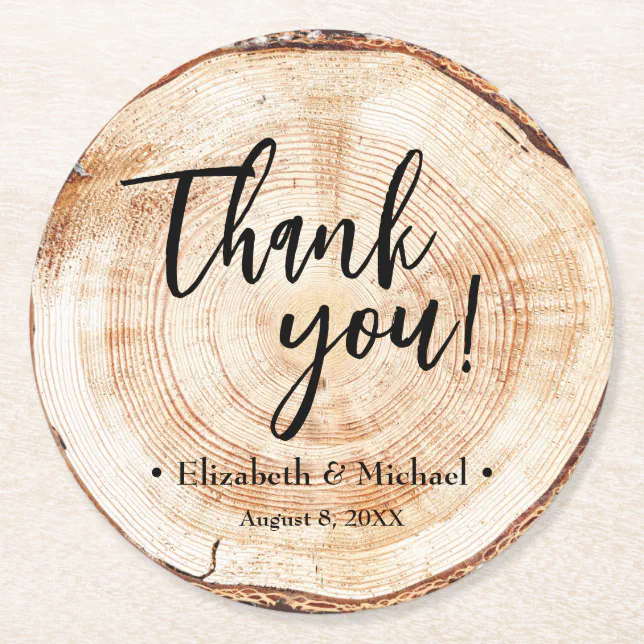 Rustic Wood Bark Disc Thank you Script Wedding Round Paper Coaster | Zazzle