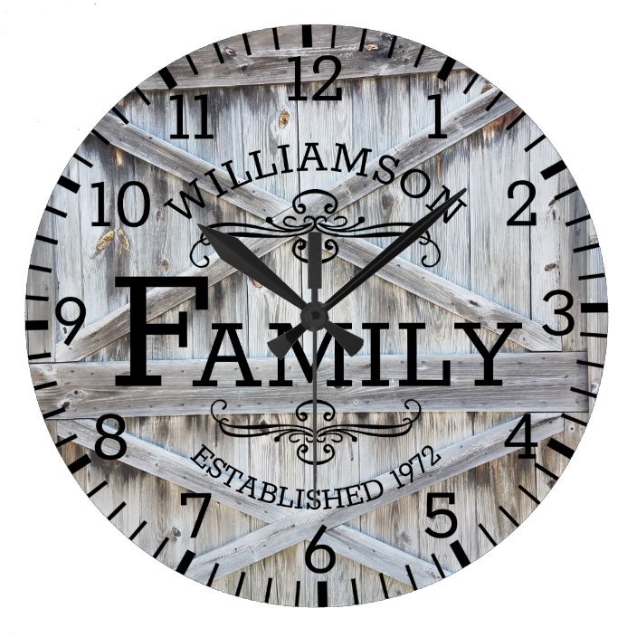 Rustic Wood Barn Door Family Name Custom Large Clock | Zazzle.com