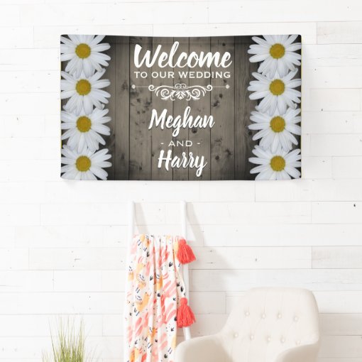 Rustic Wood Barn Wedding Daisy Floral Welcome Banner | Zazzle
