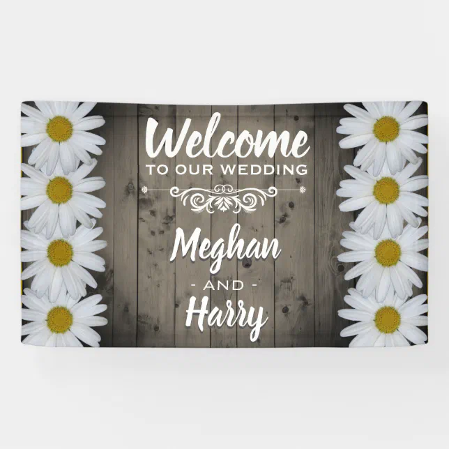 Rustic Wood Barn Wedding Daisy Floral Welcome Banner | Zazzle