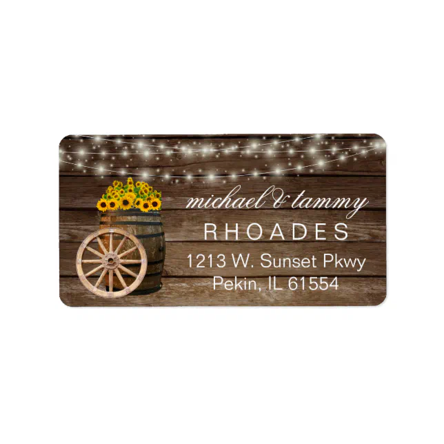 Rustic Wood Barrel and Country Sunflowers Label | Zazzle