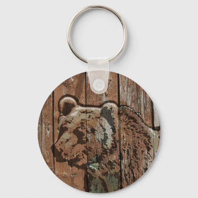 Rustic wood bear keychain | Zazzle