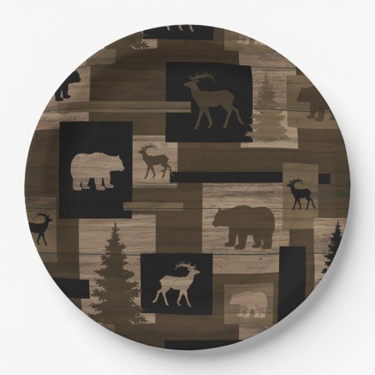 Rustic wood bear moose pattern paper plates | Zazzle.com