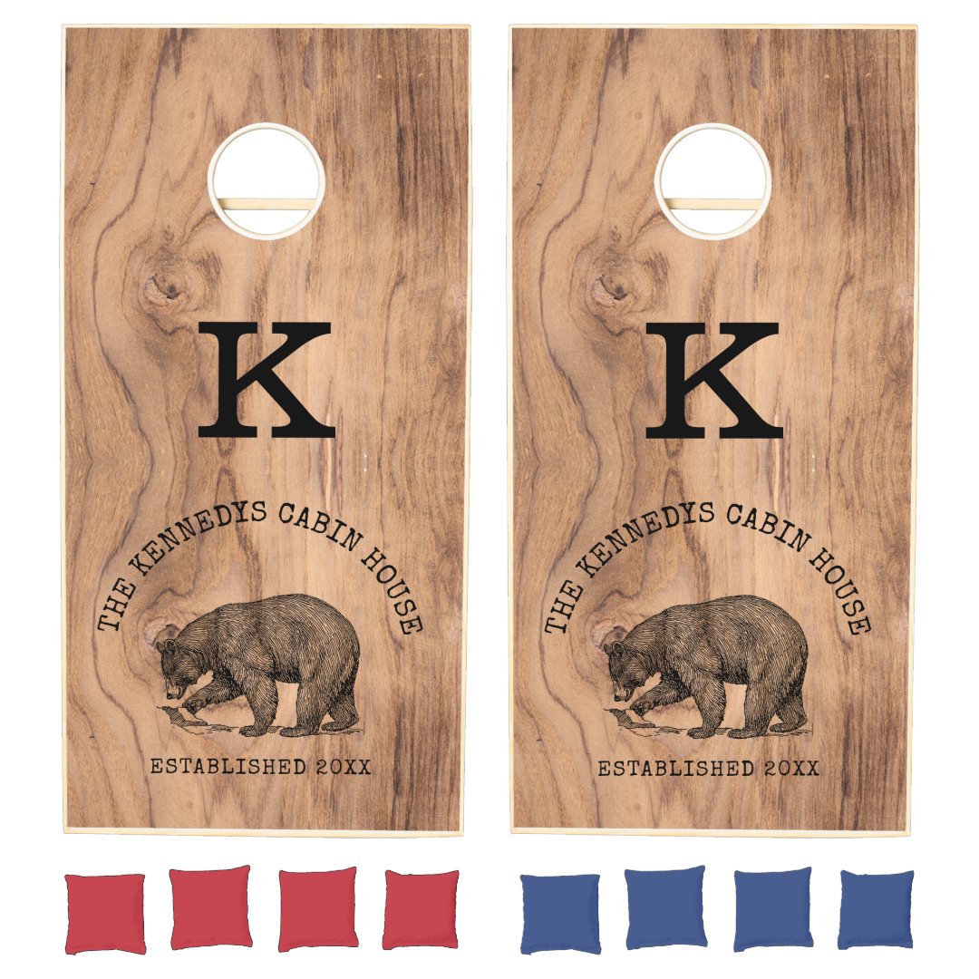 Rustic Wood Black Bear Country Cabin Monogrammed Cornhole Set | Zazzle