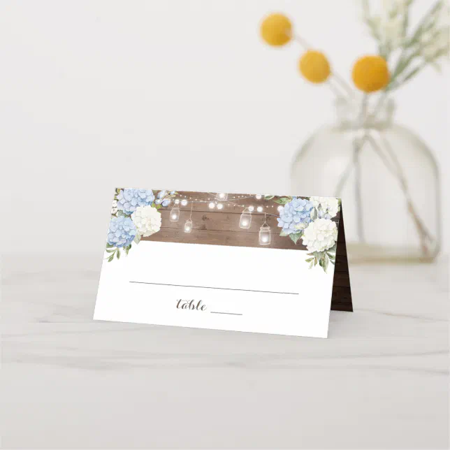 Rustic Wood Blue Hydrangea String Lights Mason Jar Place Card | Zazzle