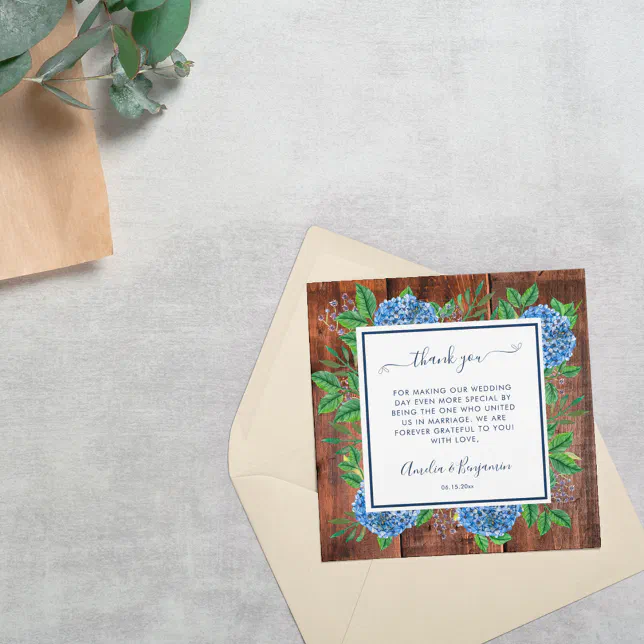 Rustic Wood Blue Hydrangeas Wedding Officiant Thank You Card | Zazzle