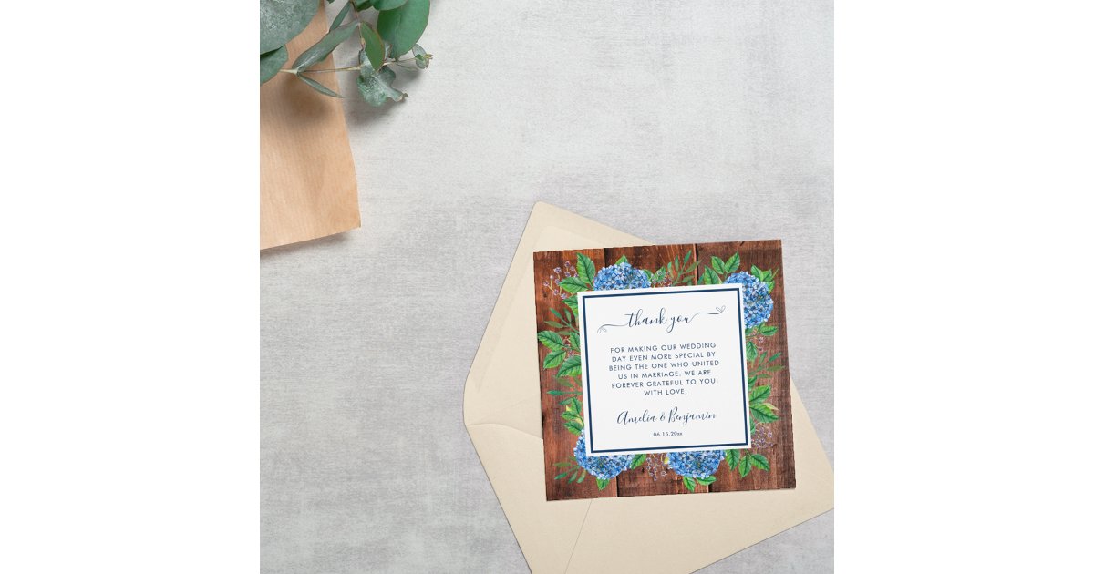 Rustic Wood Blue Hydrangeas Wedding Officiant Thank You Card | Zazzle