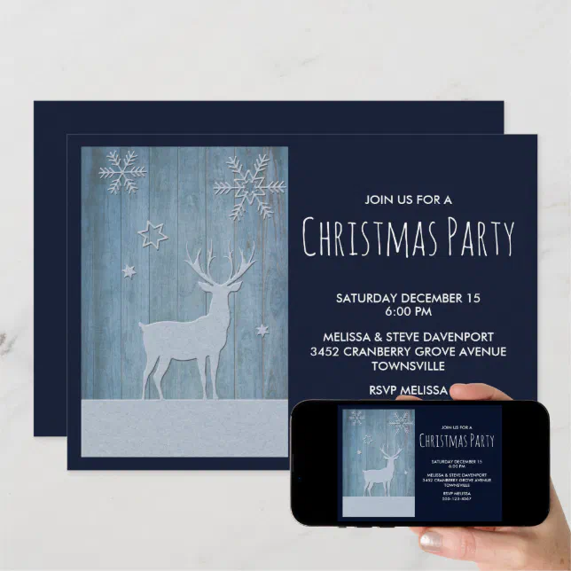Rustic Wood Blue Reindeer Country Christmas Invitation | Zazzle