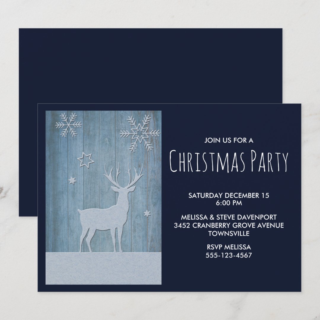 Rustic Wood Blue Reindeer Country Christmas Invitation | Zazzle