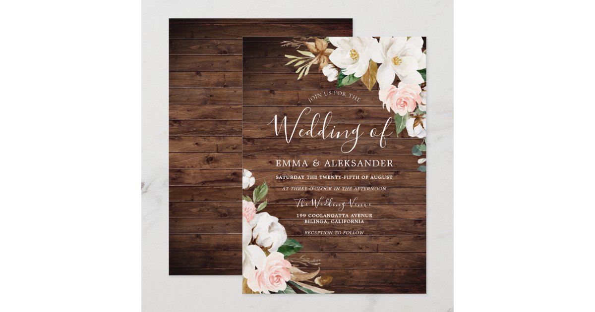 Rustic Wood Blush & White Flowers Wedding Invitation | Zazzle