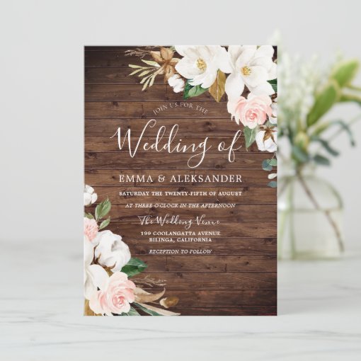 Rustic Wood Blush & White Flowers Wedding Invitation | Zazzle