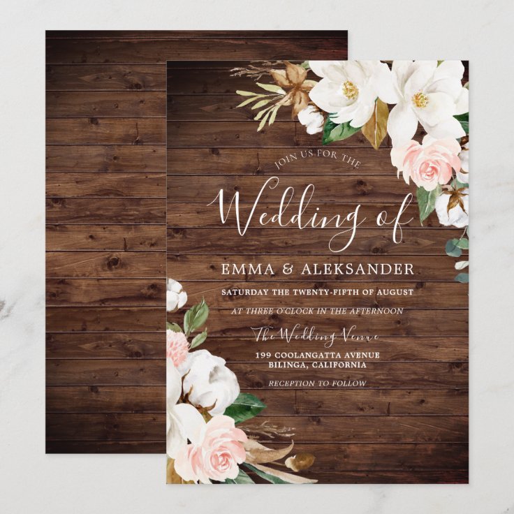 Rustic Wood Blush & White Flowers Wedding Invitation | Zazzle