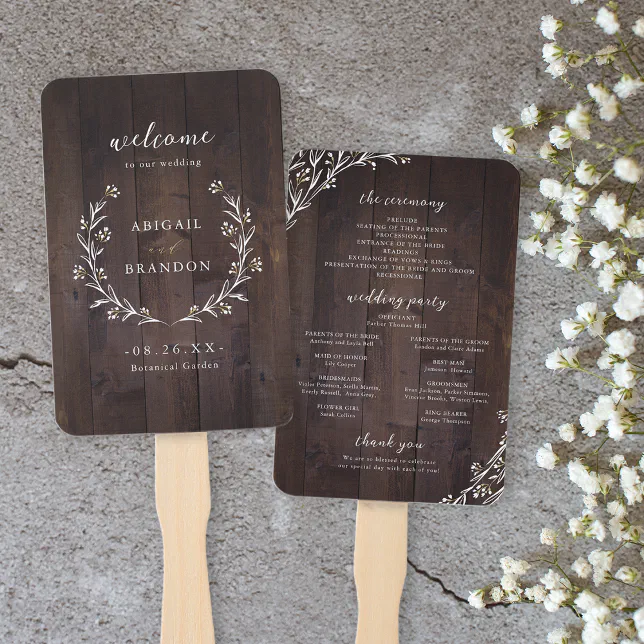 Rustic Wood Boho Floral Country Wedding program Hand Fan | Zazzle