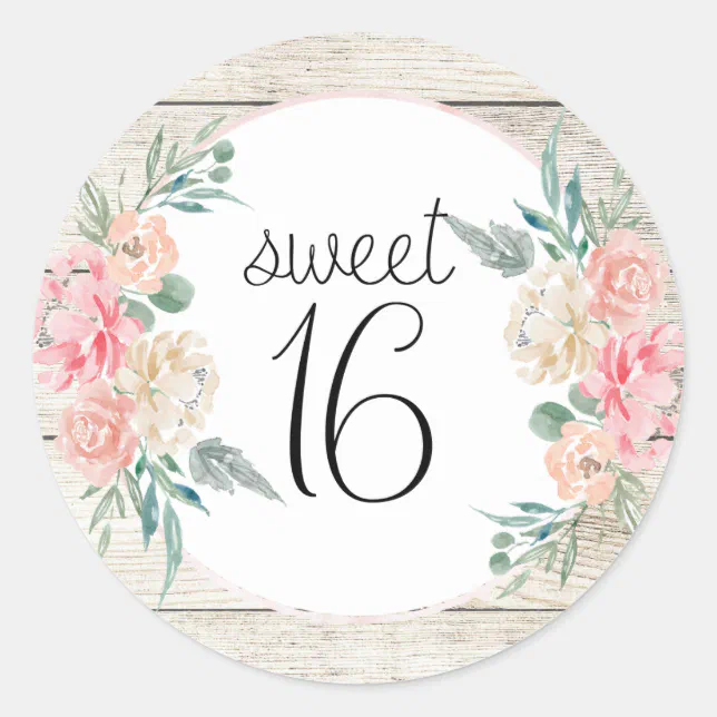 Rustic Wood Boho Floral Sweet 16 Birthday Classic Round Sticker | Zazzle