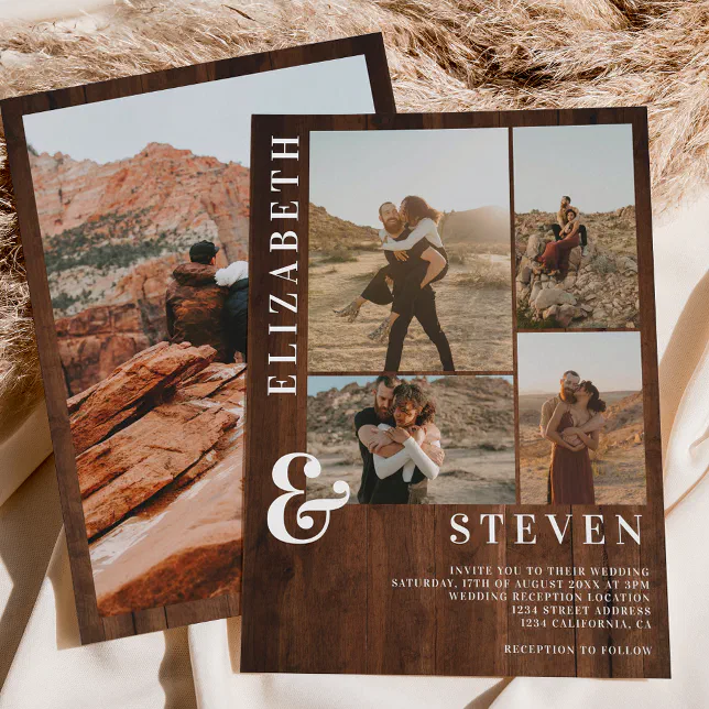 Rustic wood bold ampersand 5 photo grid wedding invitation | Zazzle