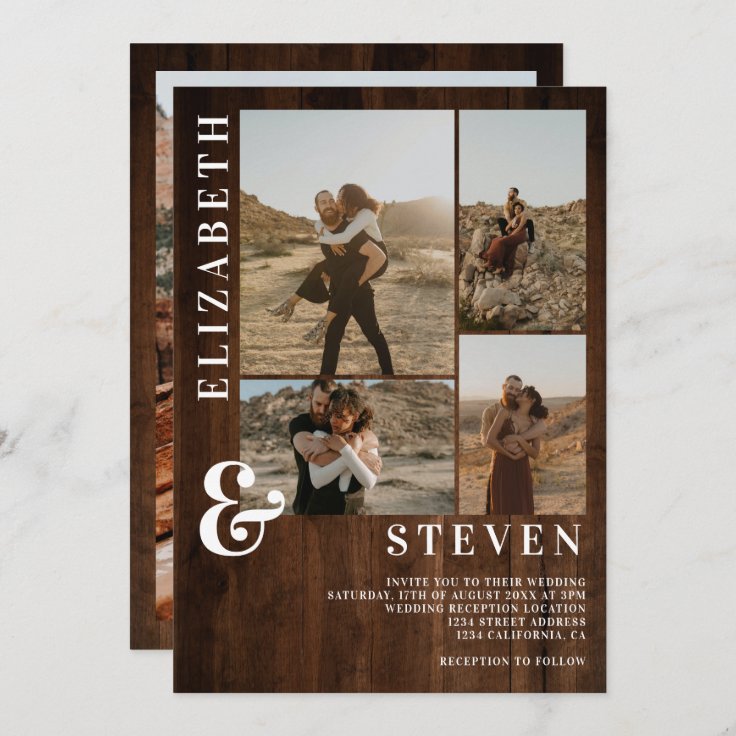 Rustic wood bold ampersand 5 photo grid wedding invitation | Zazzle