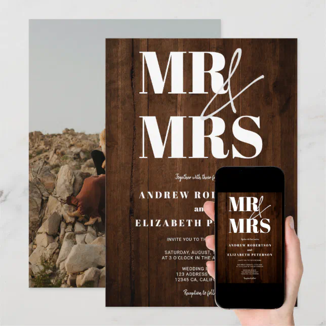 Rustic wood bold Mr Mrs script photo wedding Invitation | Zazzle
