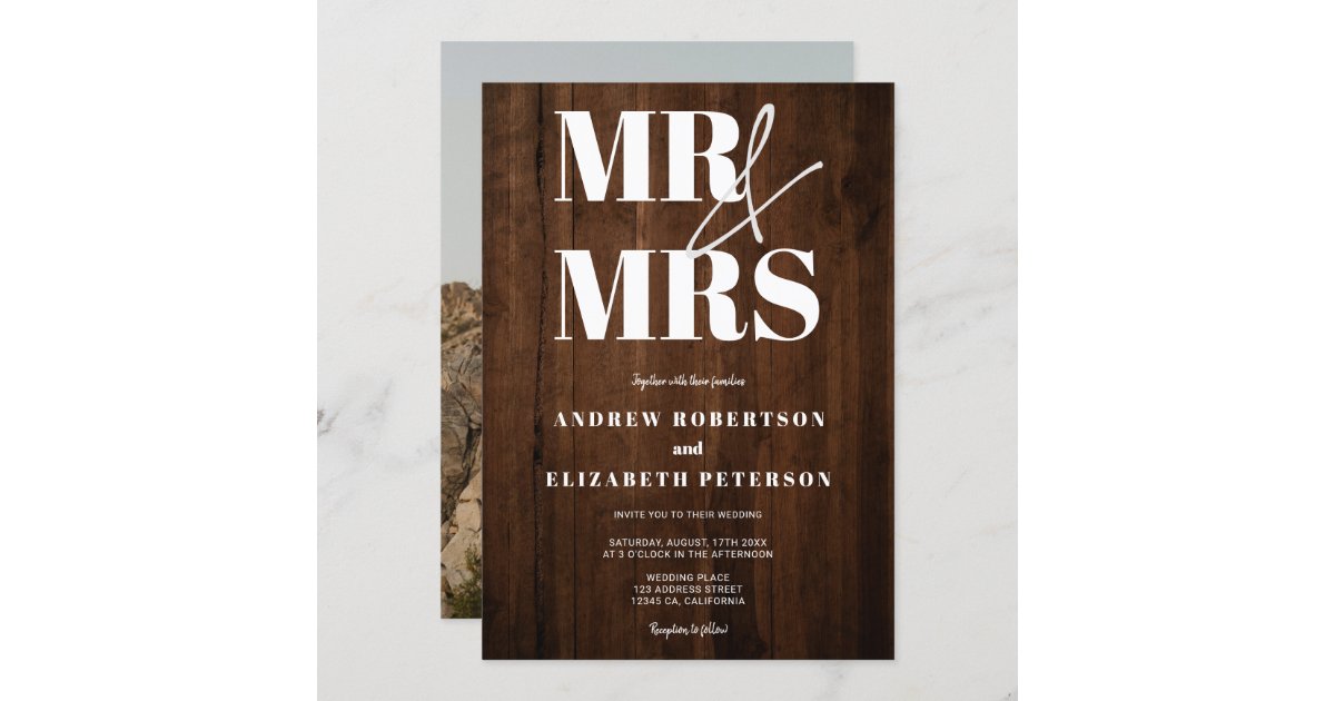 Rustic wood bold Mr Mrs script photo wedding Invitation | Zazzle