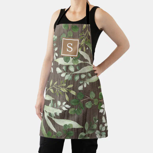 Rustic Wood Botanical Greenery Monogram Apron | Zazzle