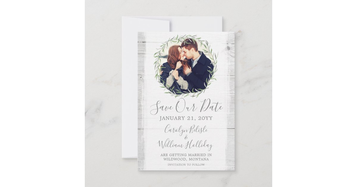 Rustic Wood & Botanical Leaf Wreath Save The Date Invitation | Zazzle