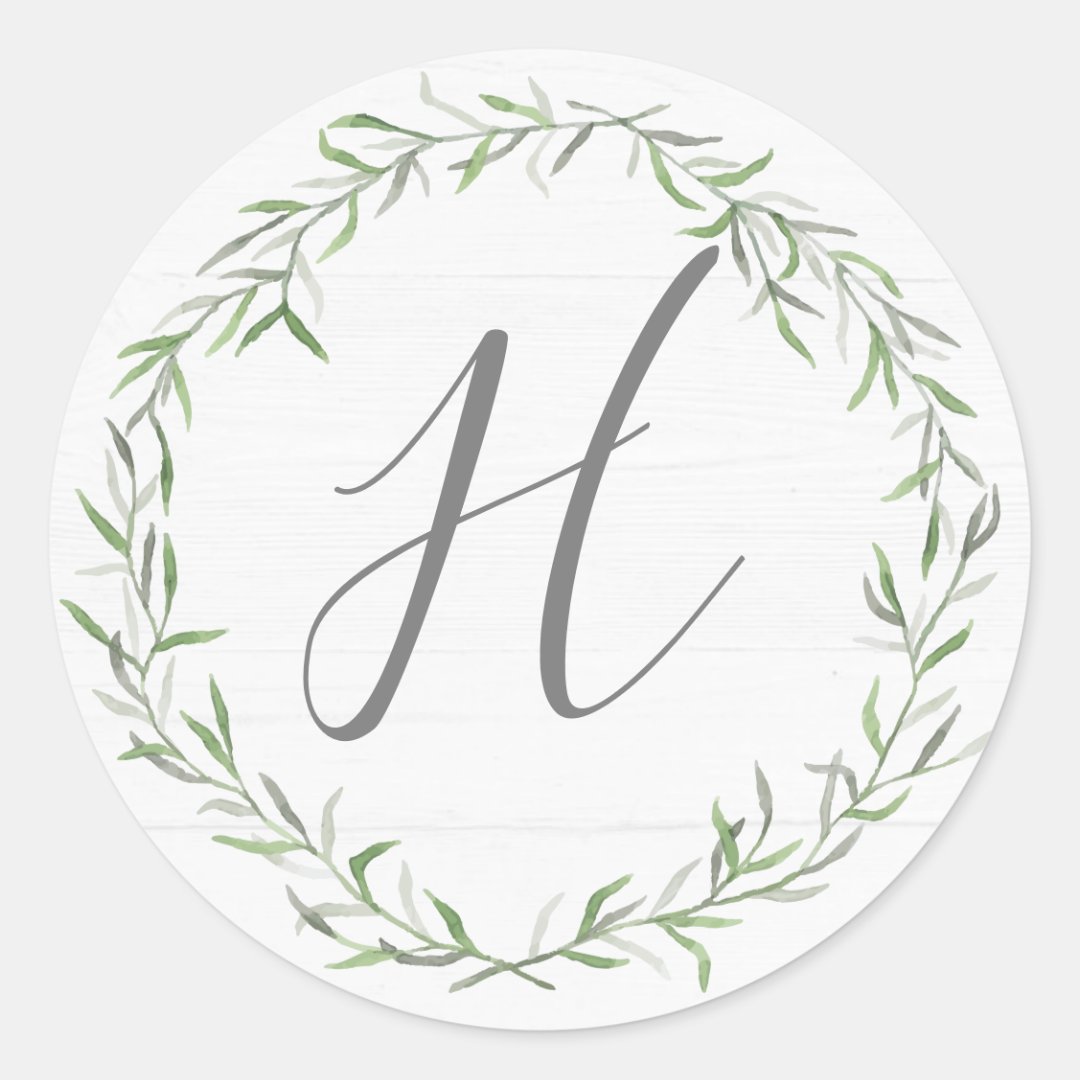 Rustic Wood & Botanical Leaves Monogram Letter Classic Round Sticker ...