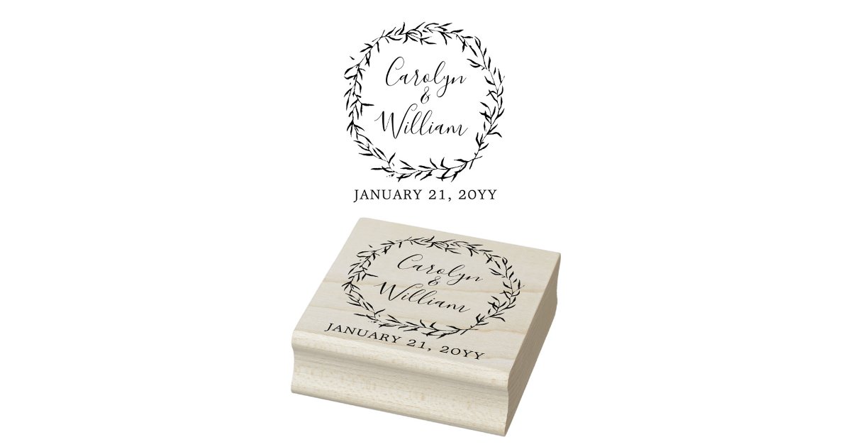 Rustic Wood & Botanical Leaves Wedding Stationery Rubber Stamp | Zazzle