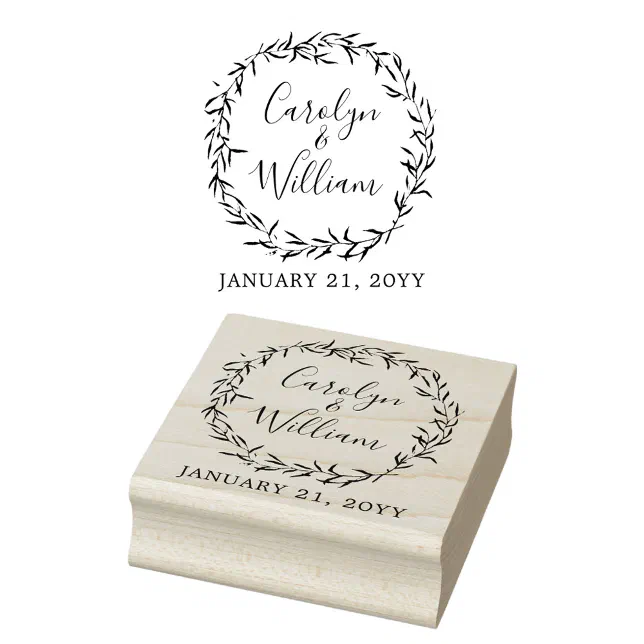 Rustic Wood & Botanical Leaves Wedding Stationery Rubber Stamp | Zazzle