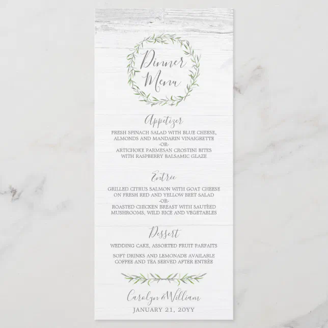 Rustic Wood & Botanical Leaves Wreath Dinner Menu | Zazzle