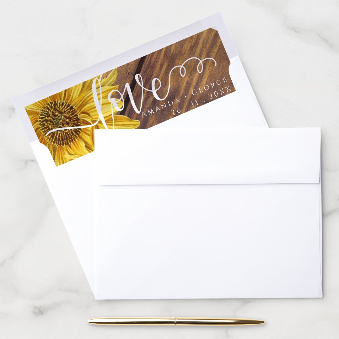Rustic Wood Bright Yellow Sunflower Wedding Envelope Liner | Zazzle