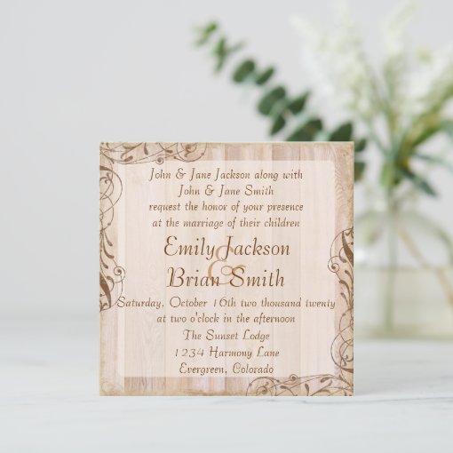 Rustic wood brown theme wedding invitations | Zazzle