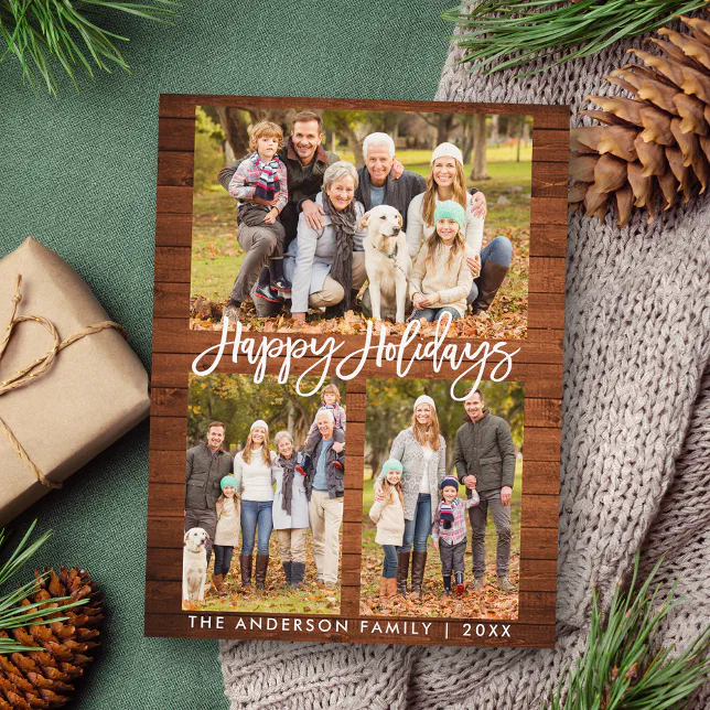 Rustic Wood Brush Script Family 3 Photo Holidays Postcard | Zazzle