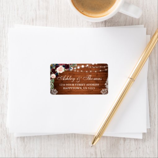 Rustic Wood Burgundy Blue Floral Address Label | Zazzle