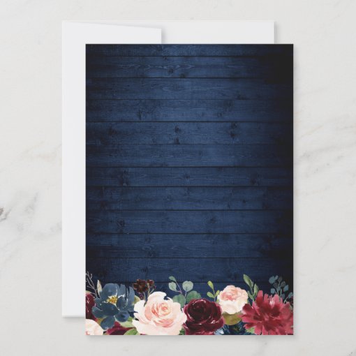 Rustic Wood Burgundy Blue Floral Lights Wedding Invitation | Zazzle