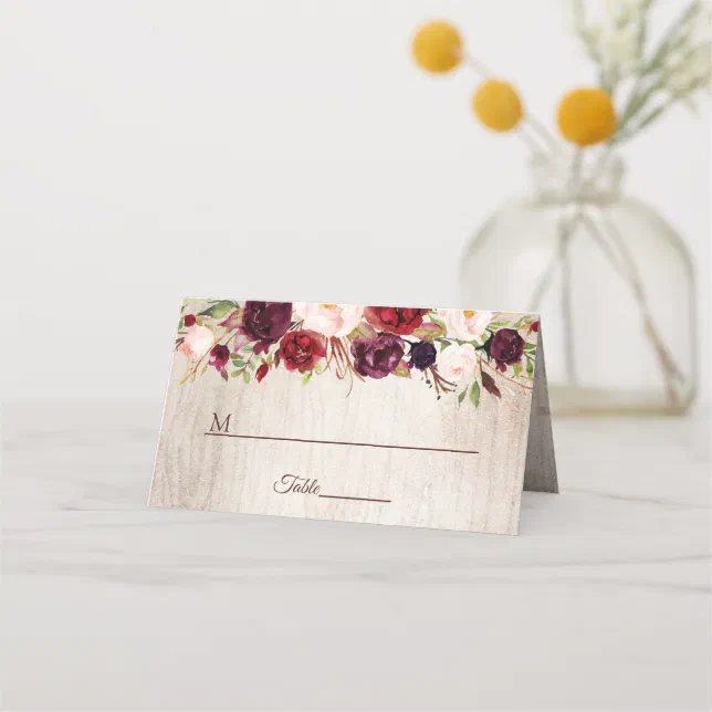 Rustic Wood Burgundy Blush Floral Wedding Table Place Card | Zazzle
